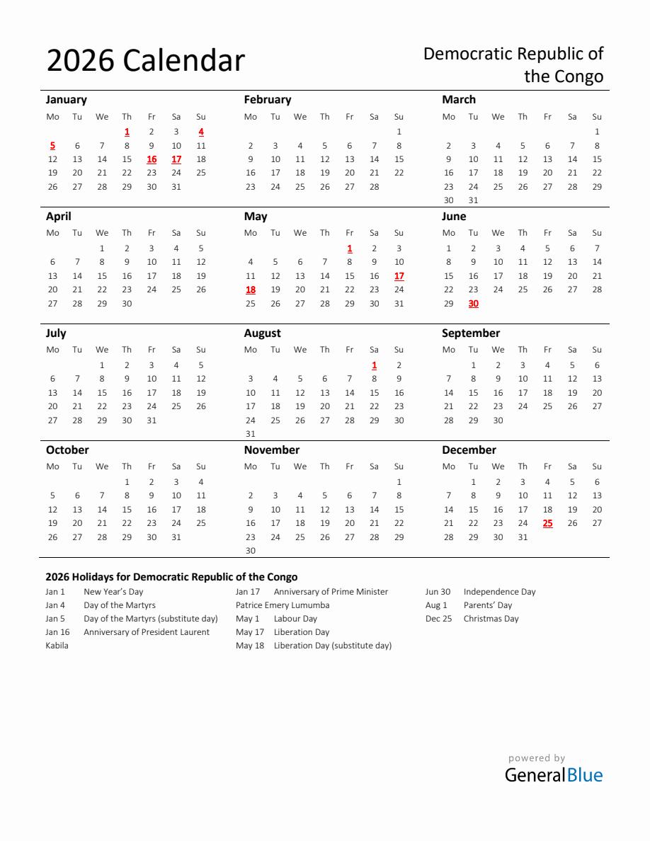 Standard Holiday Calendar for 2026 with Democratic Republic of the ...
