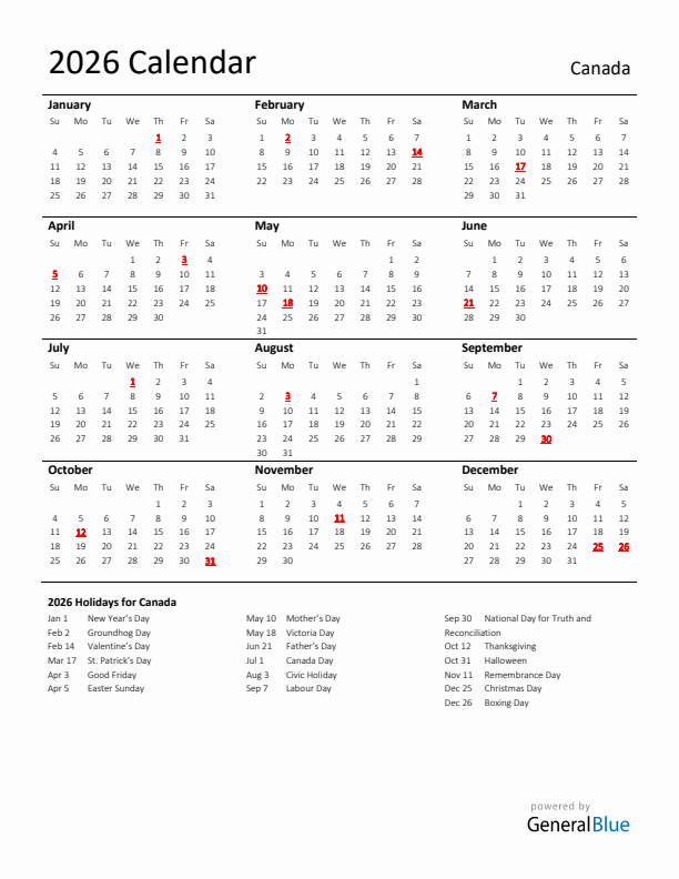 2026 Canada Calendar With Holidays 2026 Canada Calendar With Holidays