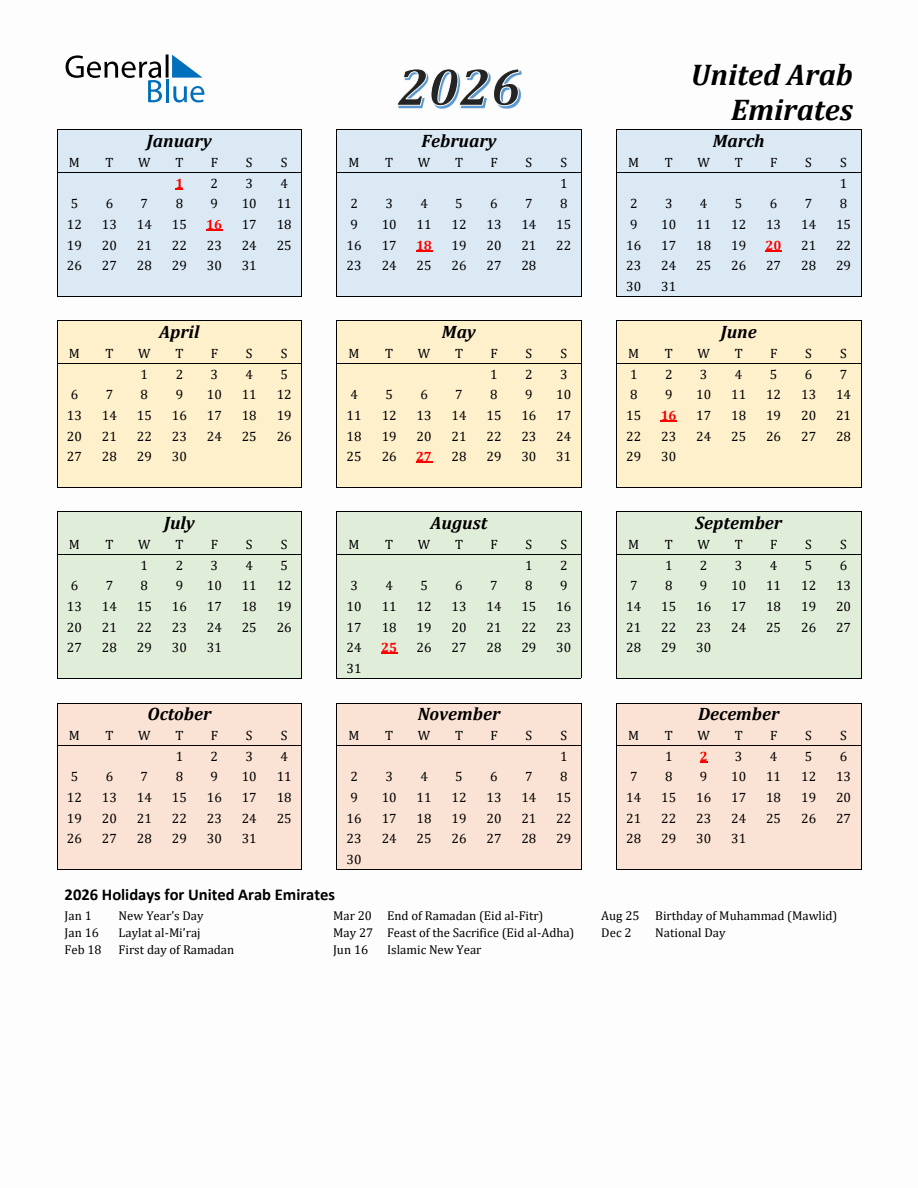 2026 United Arab Emirates Calendar - Monday Start