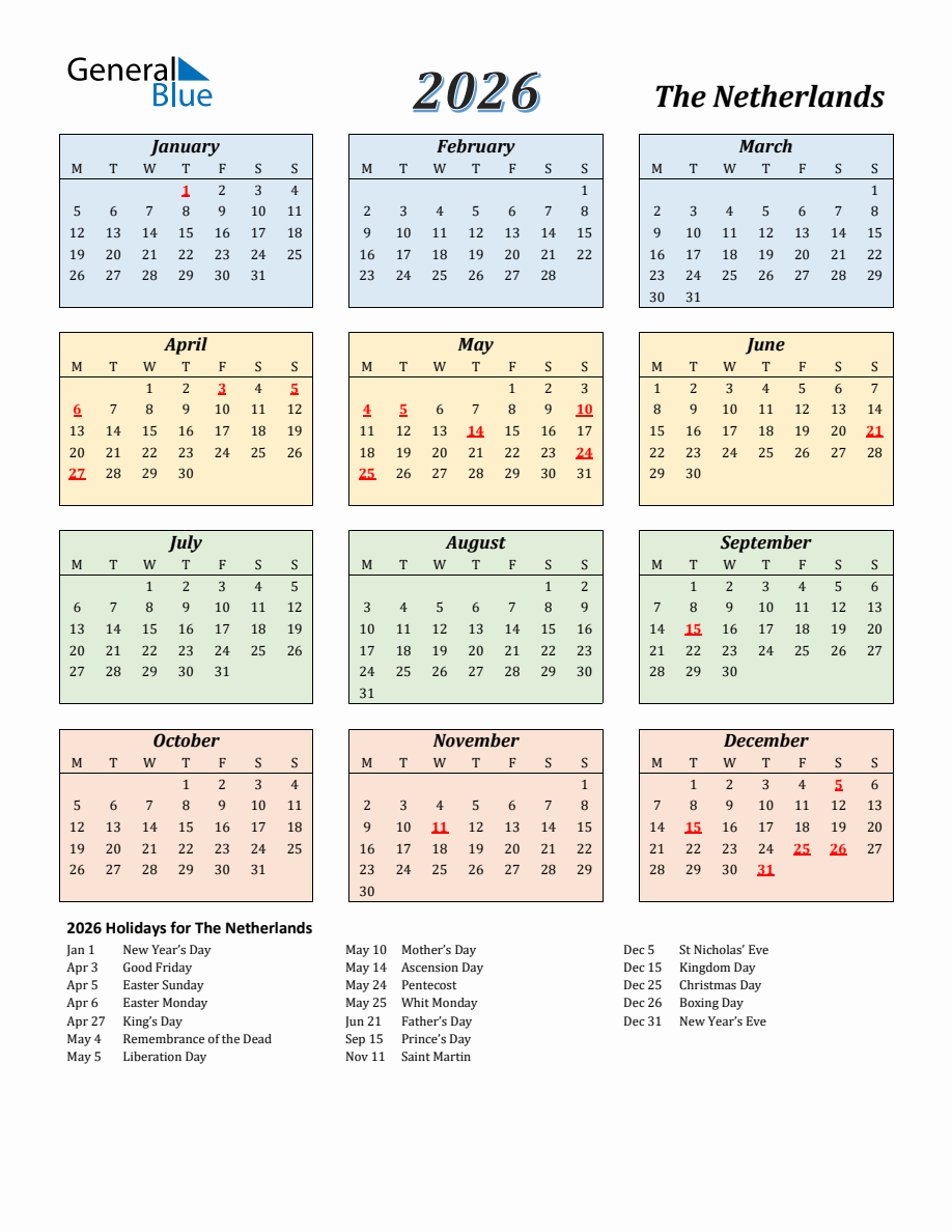 2026 The Netherlands Calendar - Monday Start