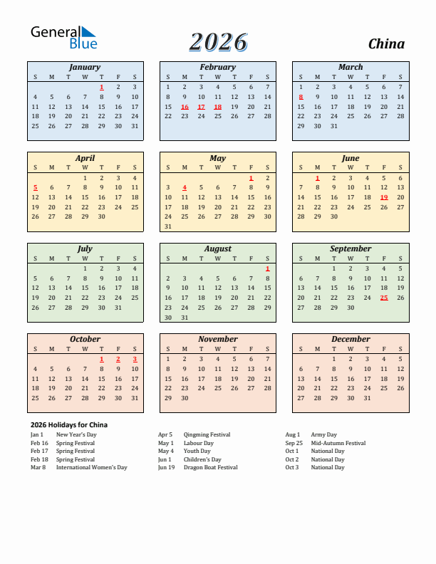 2026 China Calendar With Holidays 2026 China Calendar With Holidays