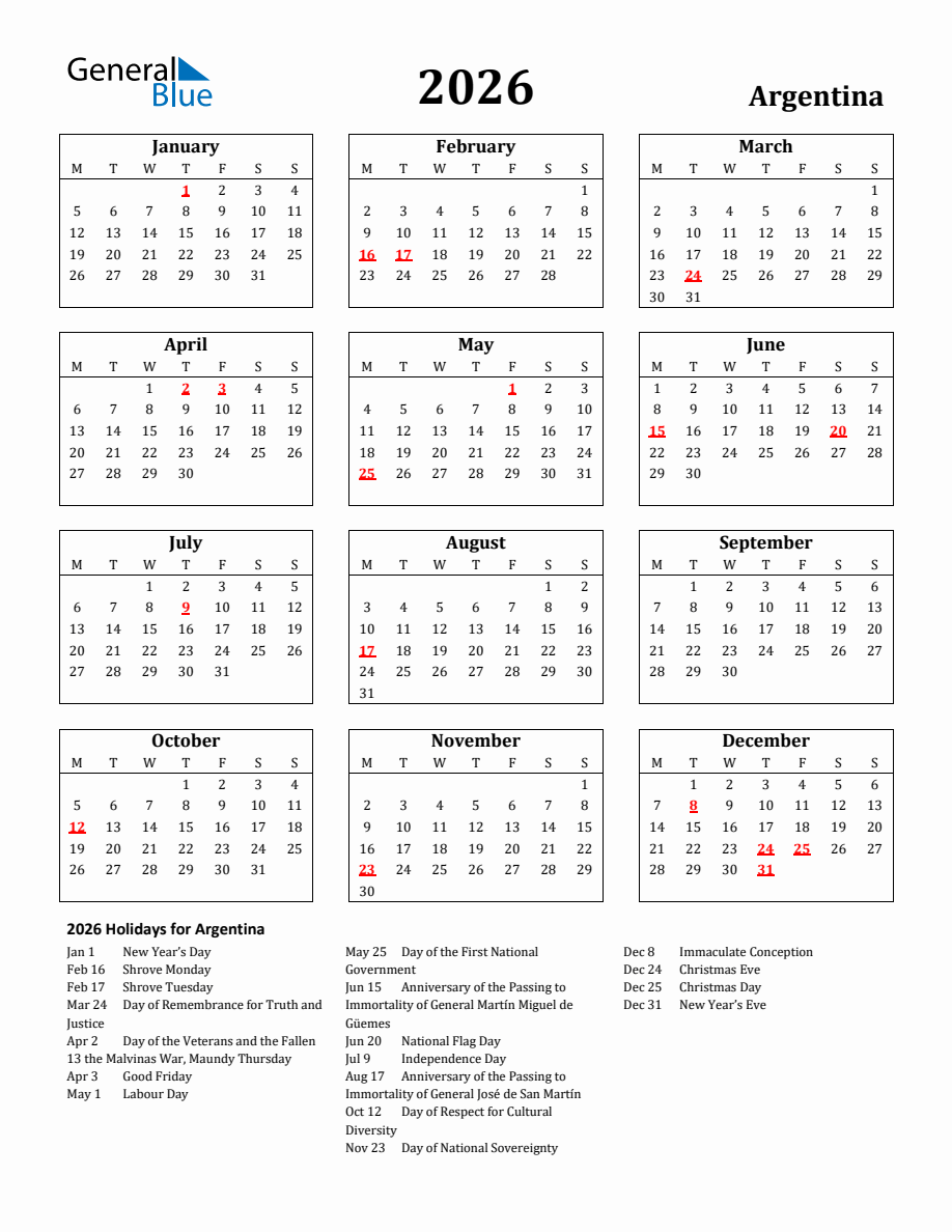 Free Printable 2026 Argentina Holiday Calendar - Monday Start