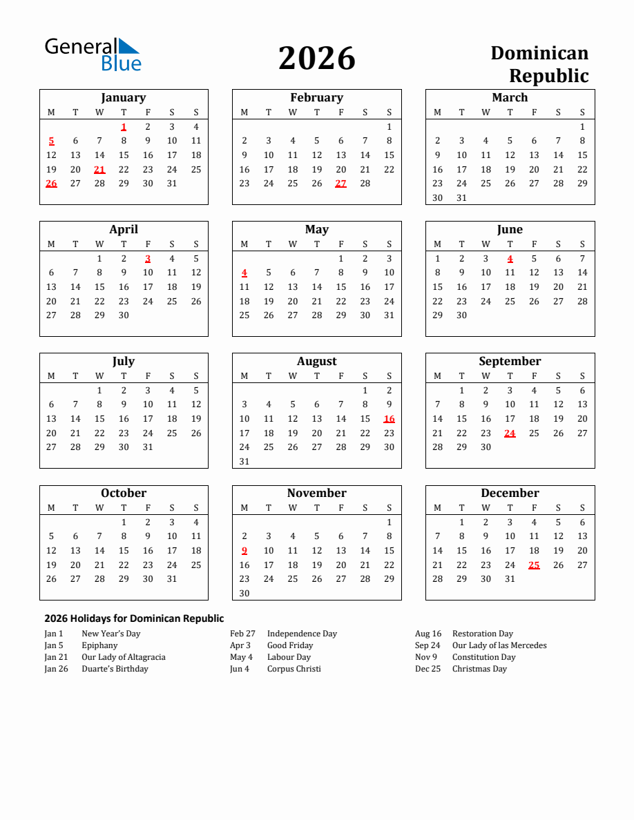 Free Printable 2026 Dominican Republic Holiday Calendar - Monday Start