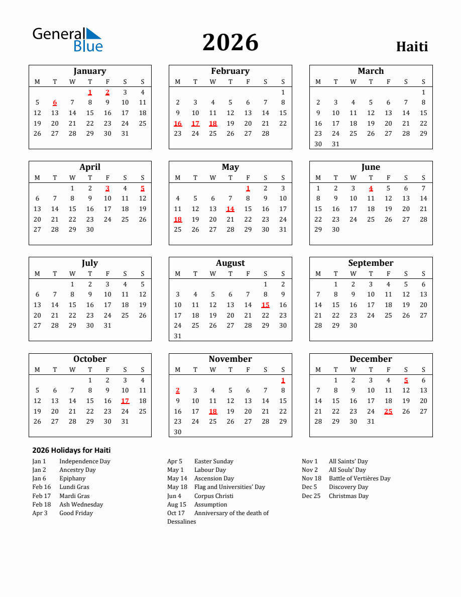 Free Printable 2026 Haiti Holiday Calendar - Monday Start