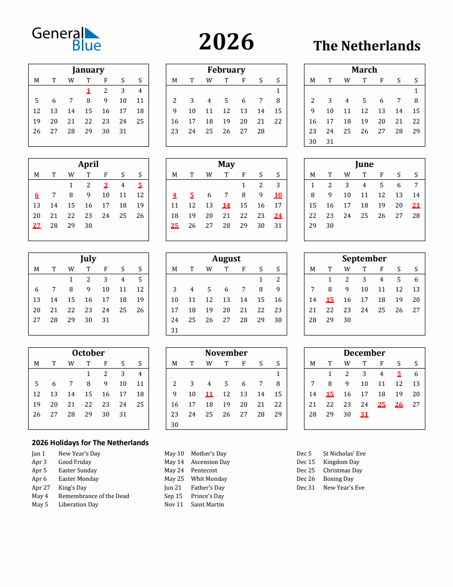 Free Printable 2026 The Netherlands Holiday Calendar