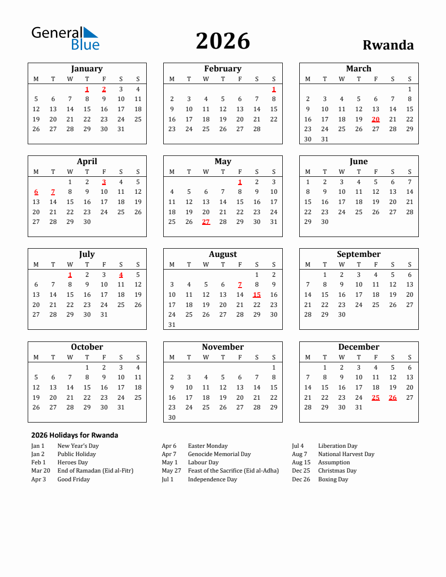 Free Printable 2026 Rwanda Holiday Calendar - Monday Start