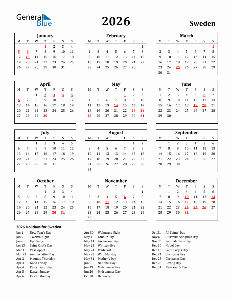 Free Printable 2026 Sweden Holiday Calendar - Monday Start