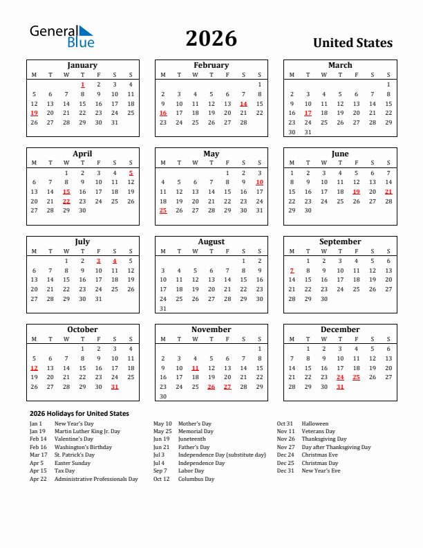 2026 United States Calendar With Holidays Monday Start 2026 United States Calendar With Holidays Monday Start