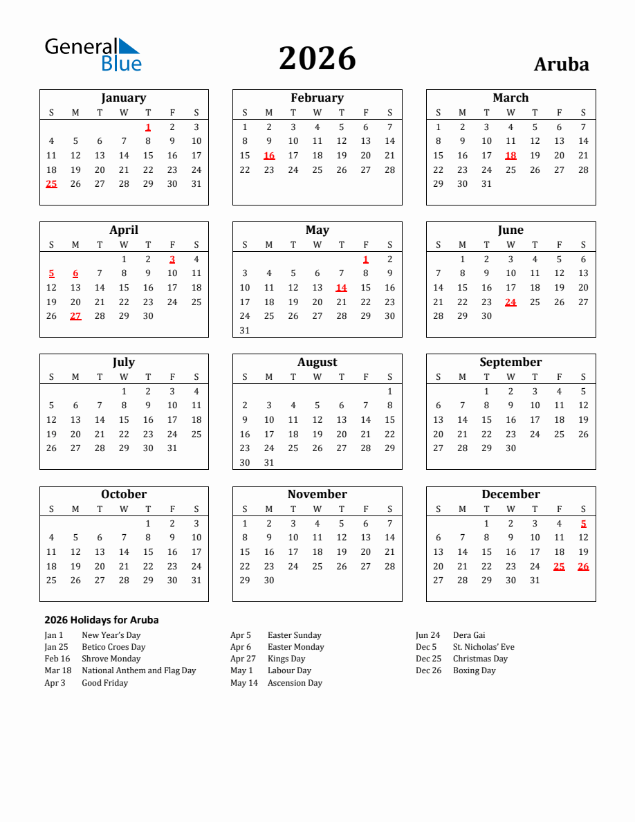 Free Printable 2026 Aruba Holiday Calendar
