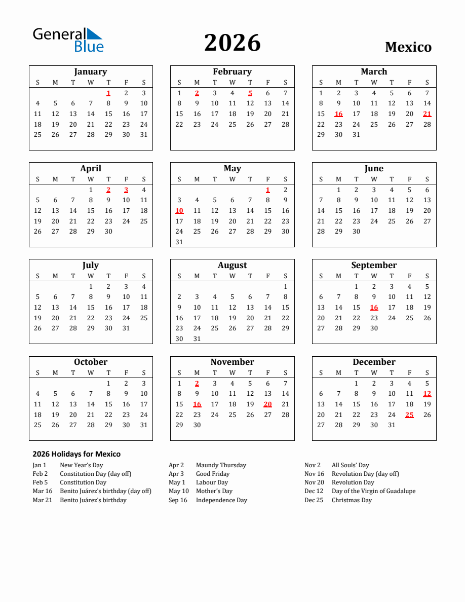 Free Printable 2026 Mexico Holiday Calendar
