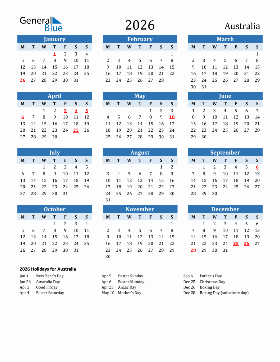 2026 Printable Calendar with Australia Holidays - Monday Start