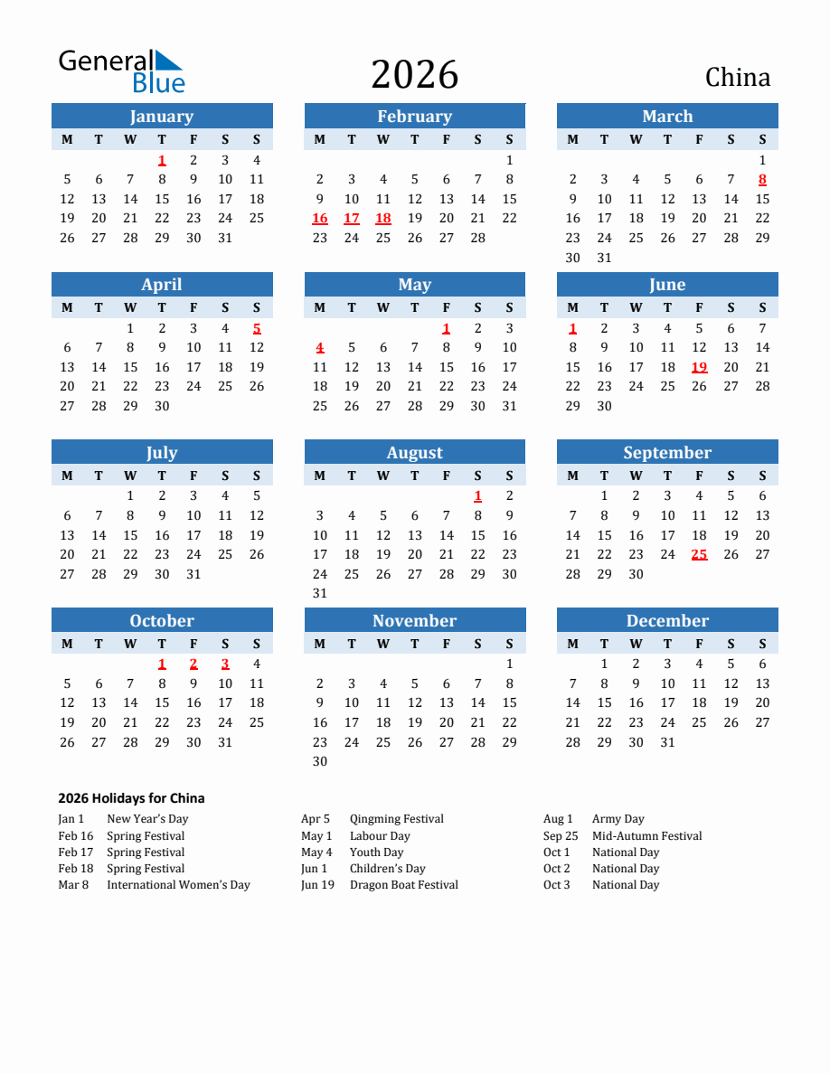 2026 Printable Calendar with China Holidays - Monday Start