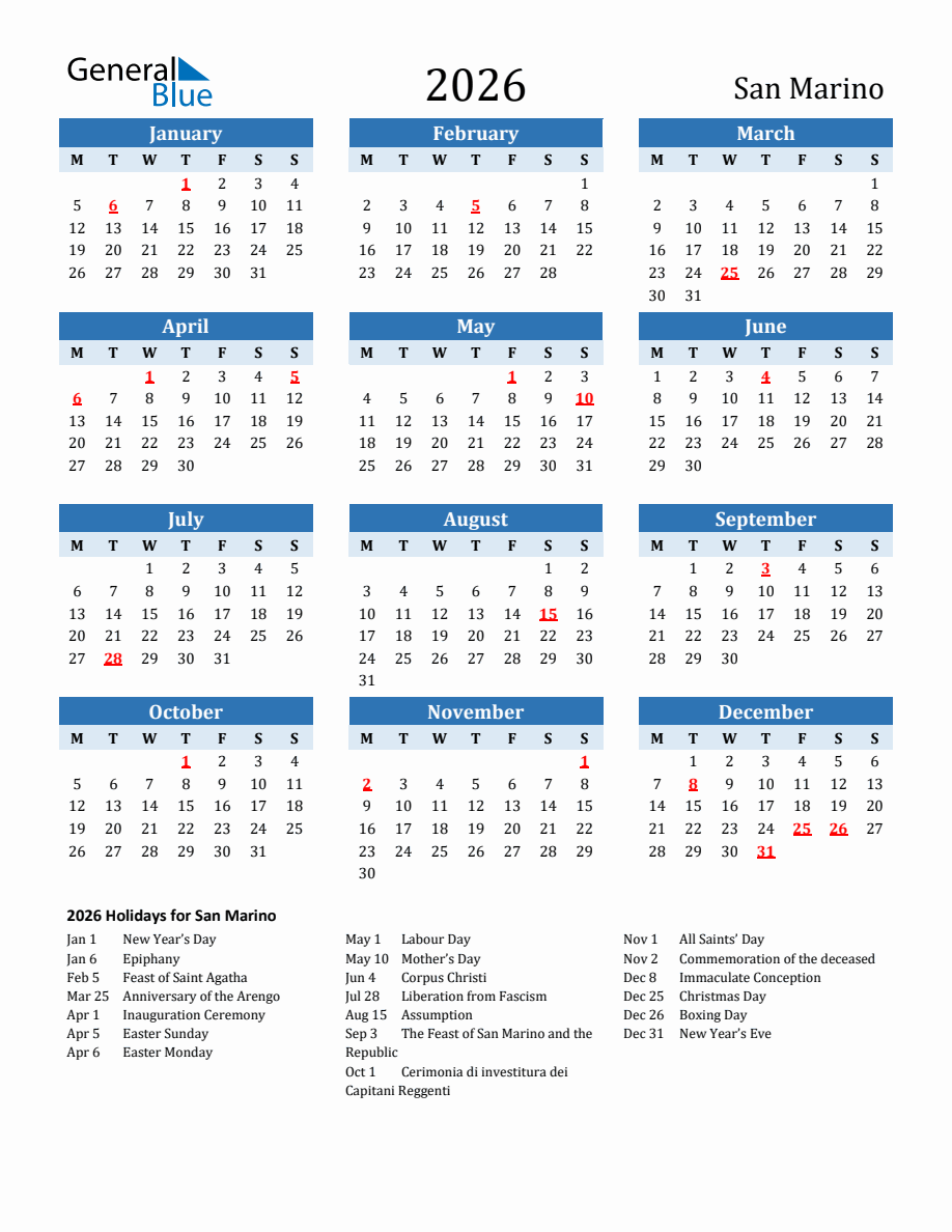 2026 Printable Calendar with San Marino Holidays - Monday Start
