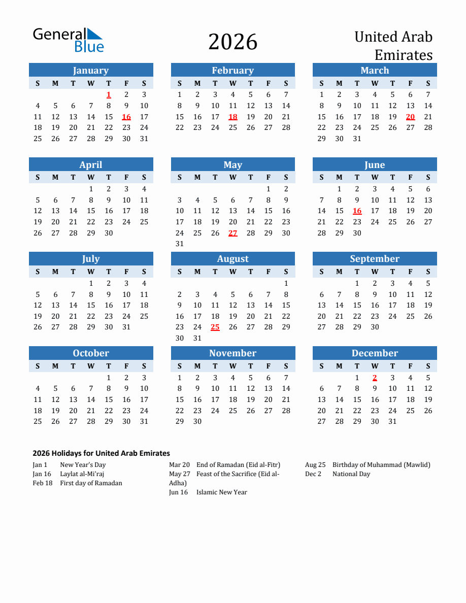 2026 Printable Calendar with United Arab Emirates Holidays