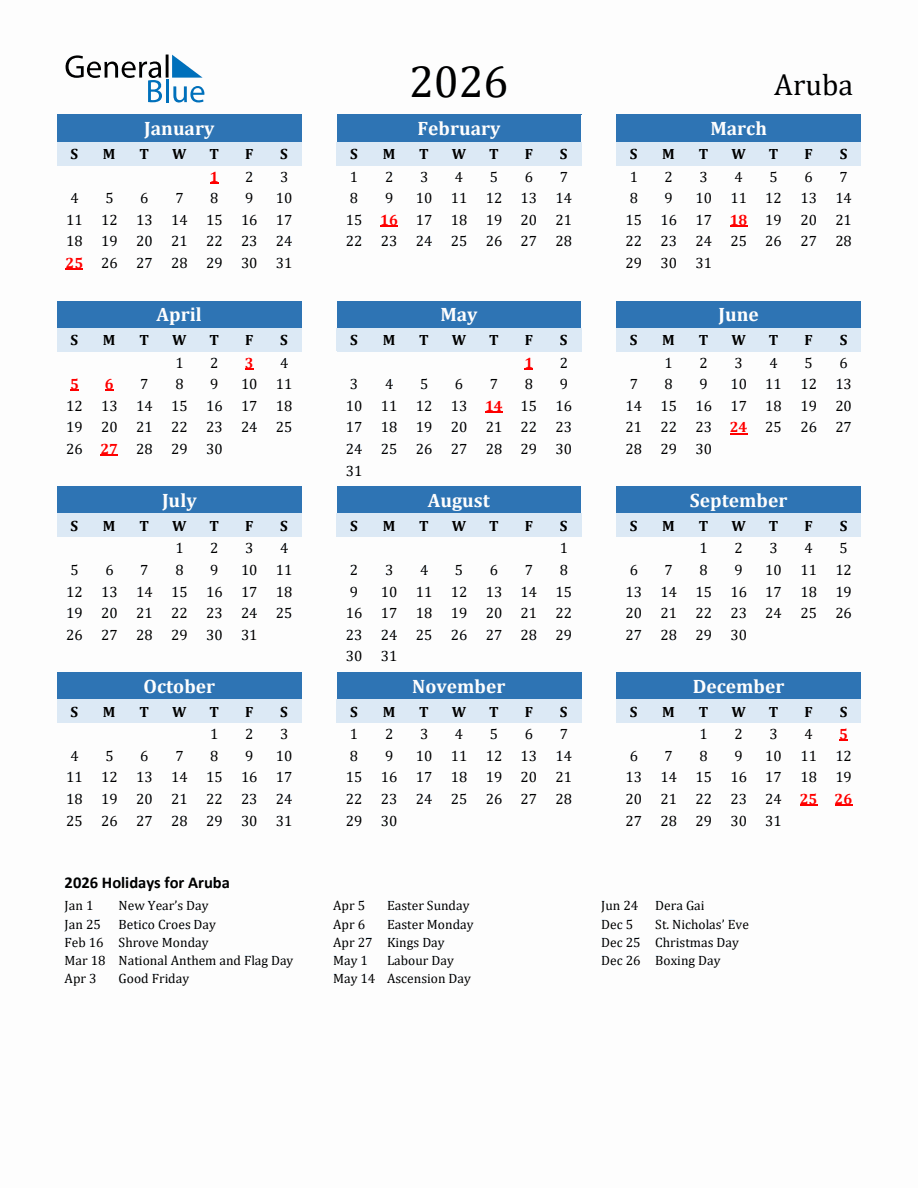 2026 Printable Calendar with Aruba Holidays