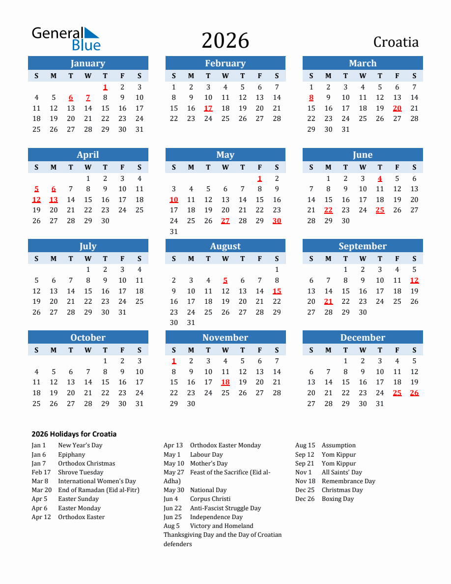 2026 Printable Calendar with Croatia Holidays
