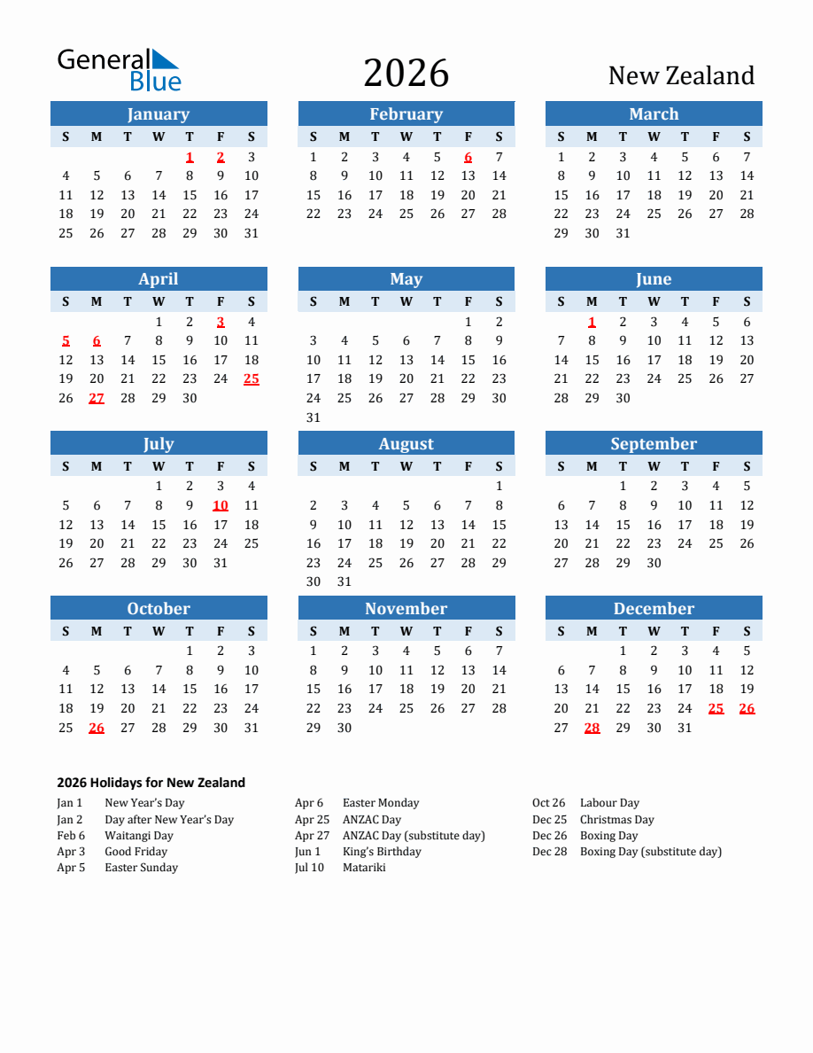 2026 Printable Calendar with New Zealand Holidays