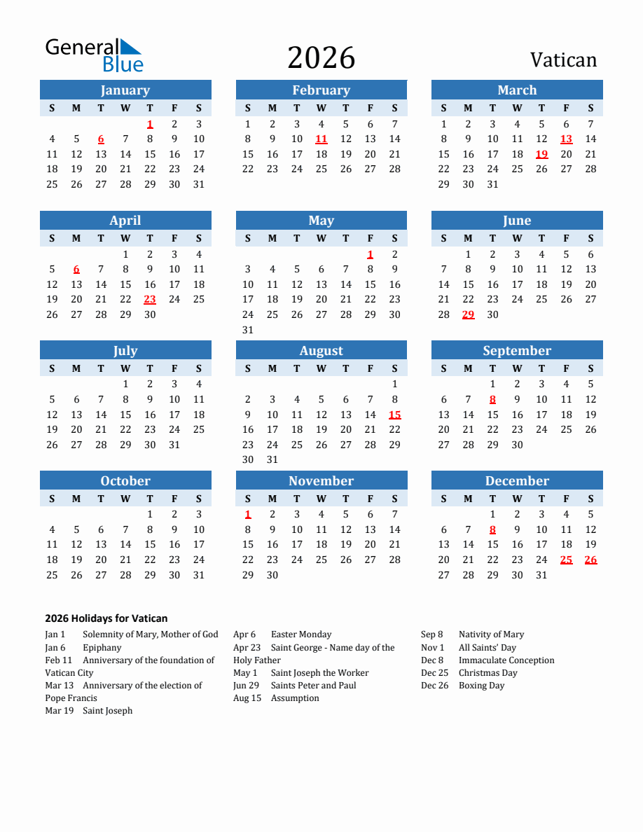 2026 Printable Calendar with Vatican Holidays