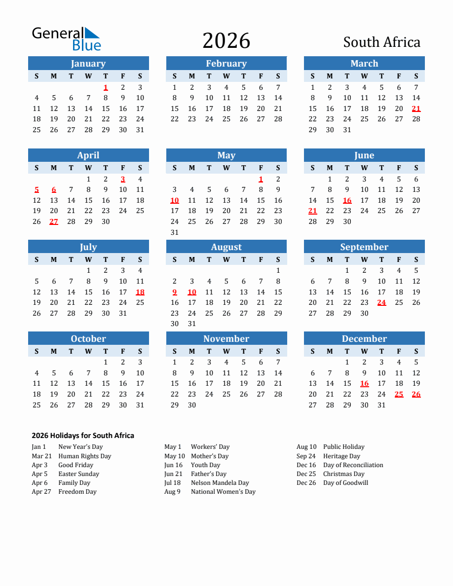 2026 Printable Calendar with South Africa Holidays
