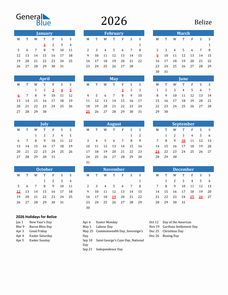 Belize 2026 Calendar with Holidays - Monday Start
