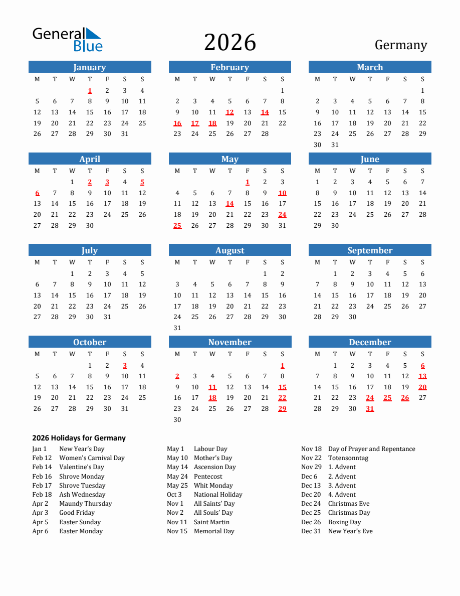 Germany 2026 Calendar with Holidays - Monday Start
