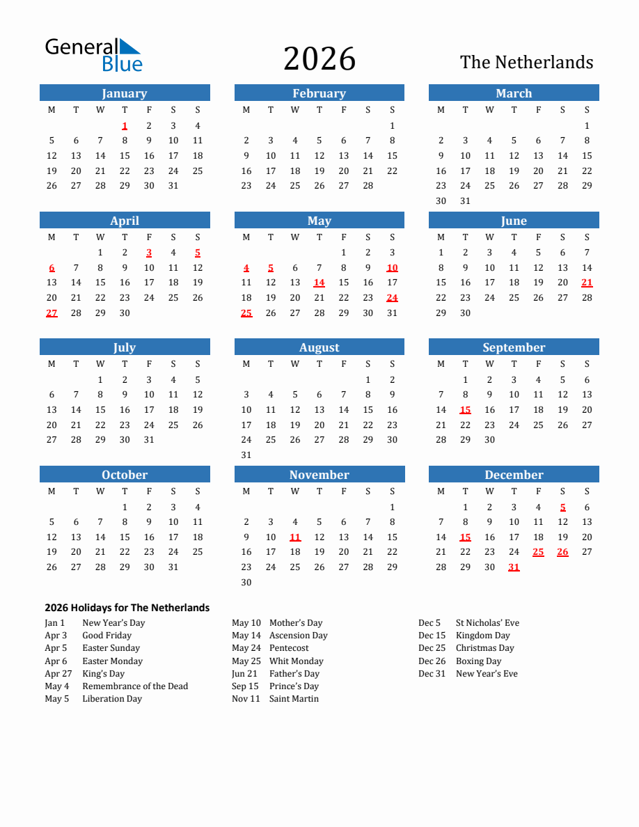 The Netherlands 2026 Calendar with Holidays - Monday Start