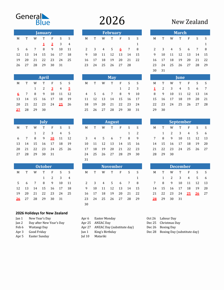 New Zealand 2026 Calendar with Holidays - Monday Start