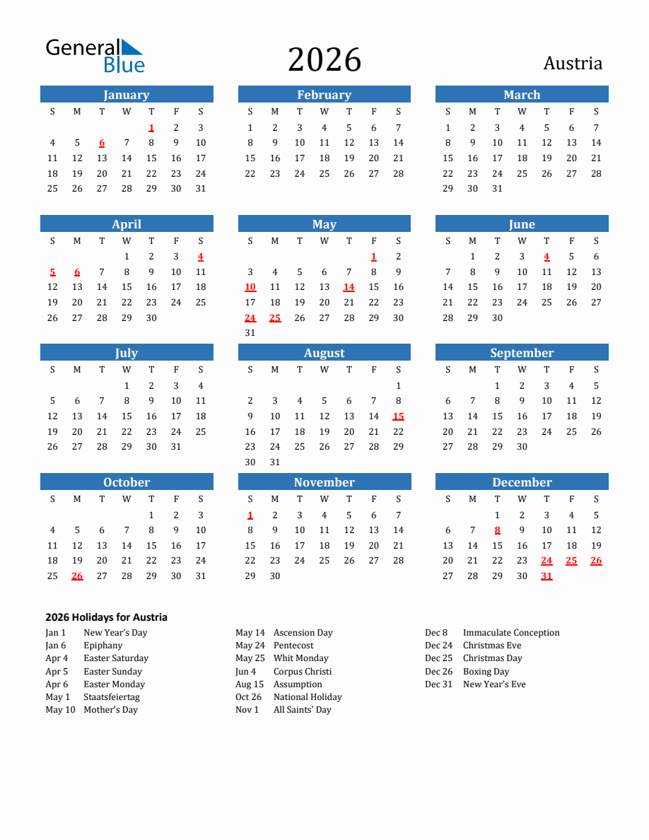 Austria 2026 Calendar with Holidays