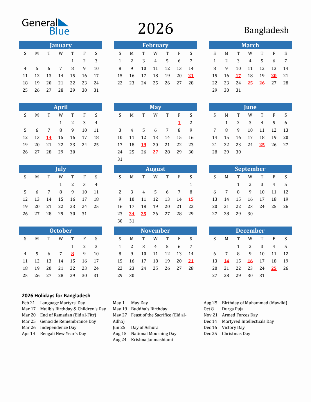 2026 Bangladesh Calendar with Holidays