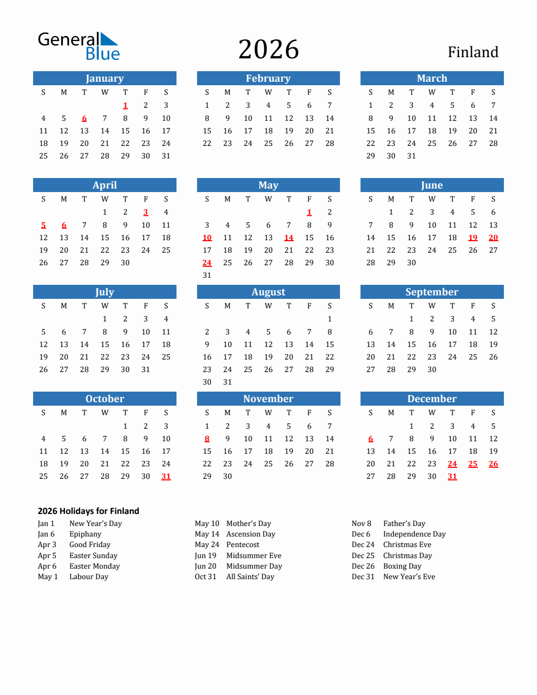 2026 Finland Calendar with Holidays