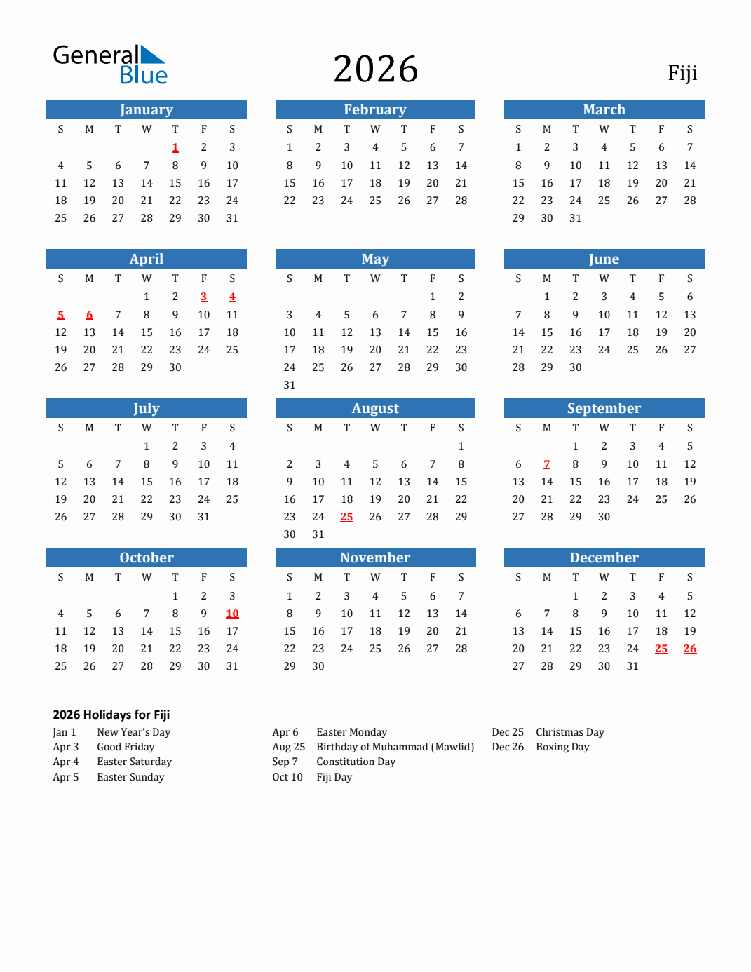 2026 Fiji Calendar with Holidays