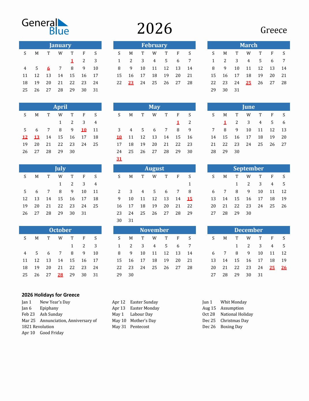 2026 Greece Calendar with Holidays