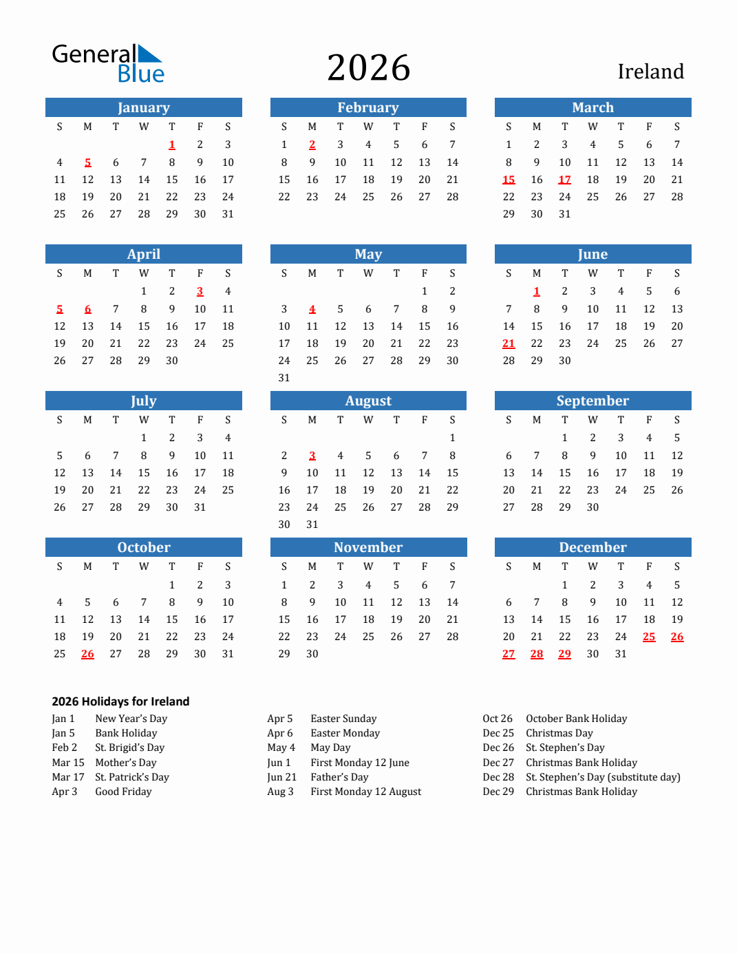 2026 Ireland Calendar with Holidays