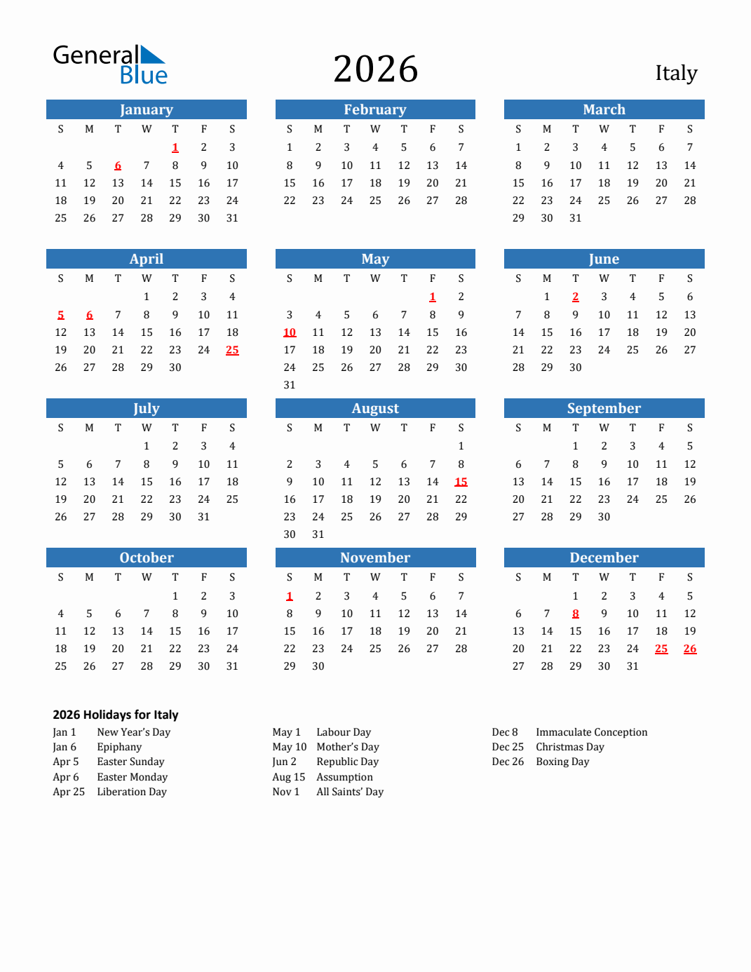 2026 Italy Calendar with Holidays