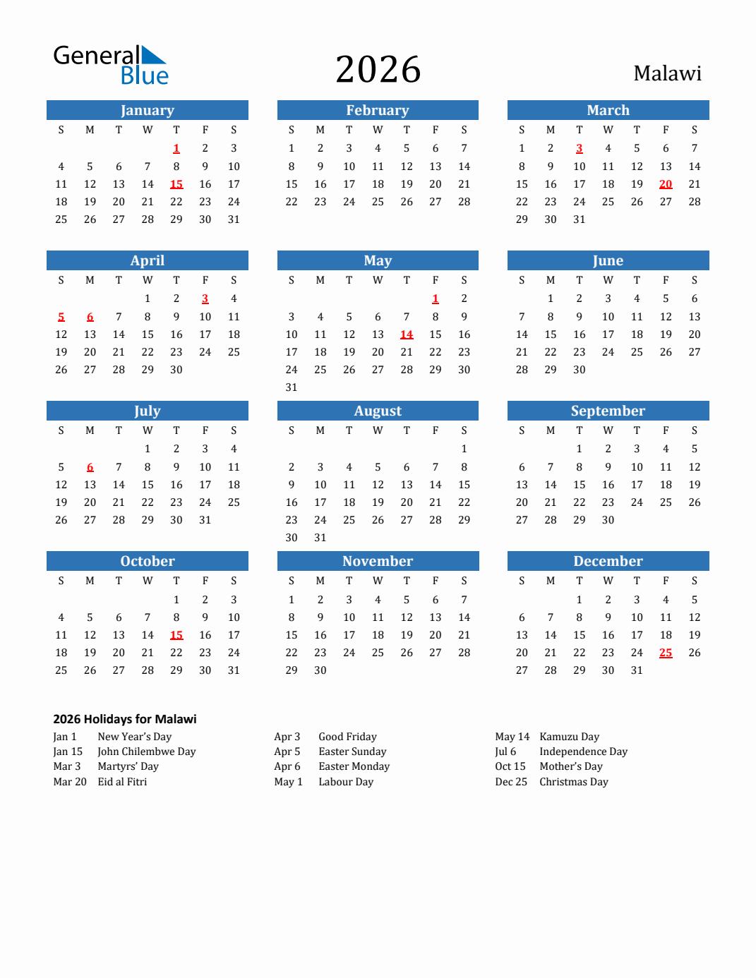 2026 Malawi Calendar with Holidays