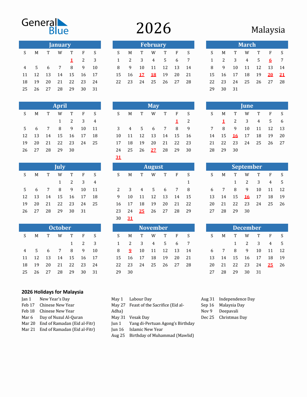 2026 Malaysia Calendar with Holidays