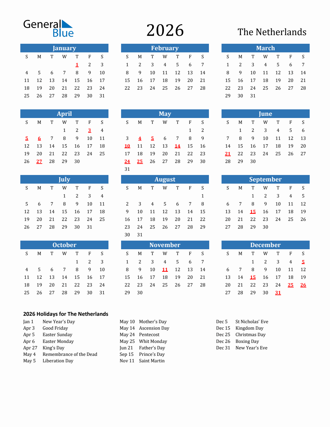 2026 The Netherlands Calendar with Holidays