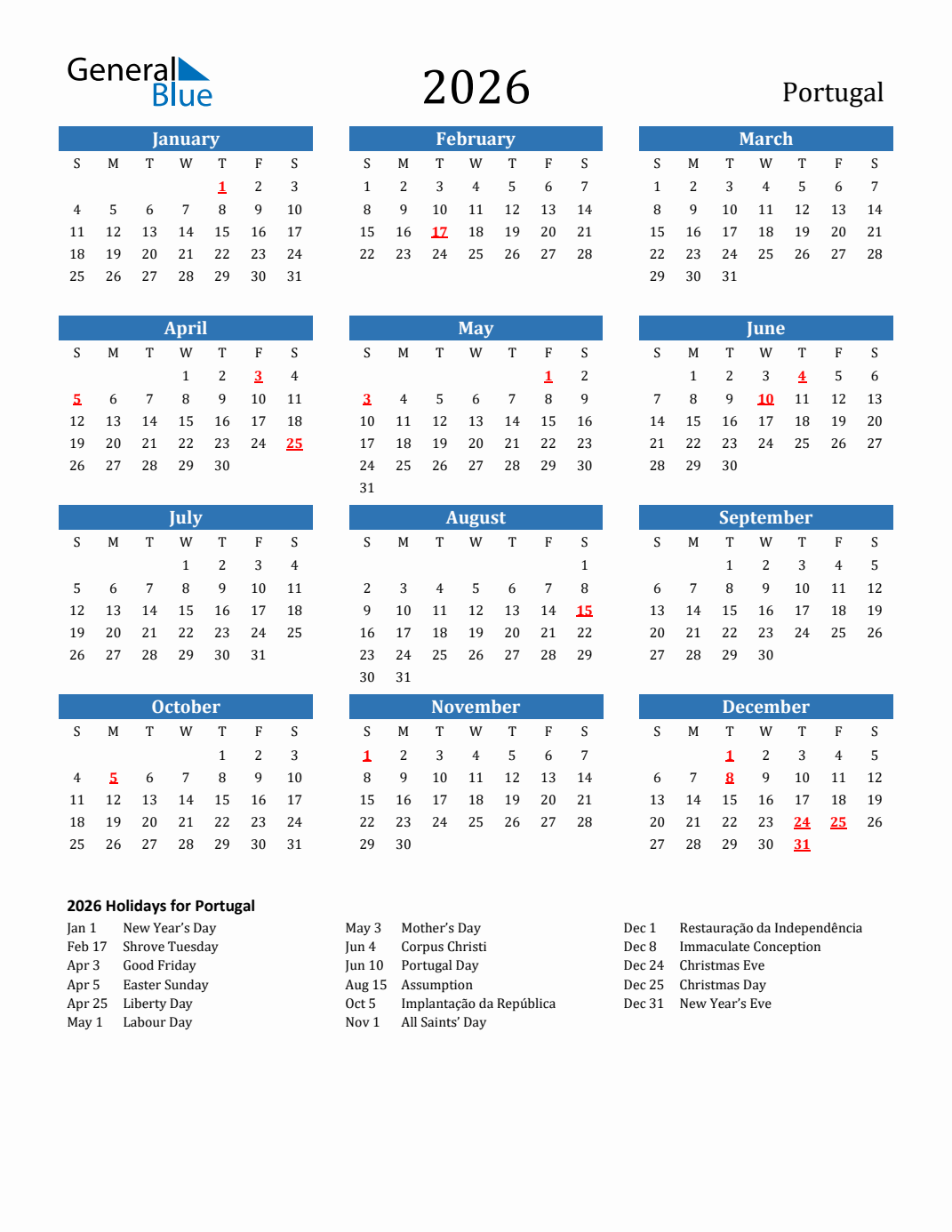 2026 Portugal Calendar with Holidays