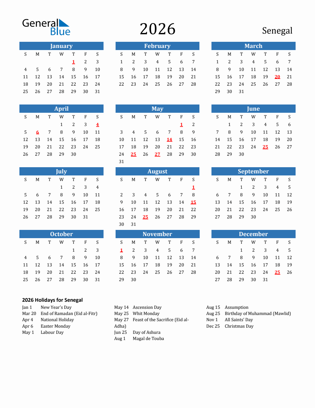 2026 Senegal Calendar with Holidays
