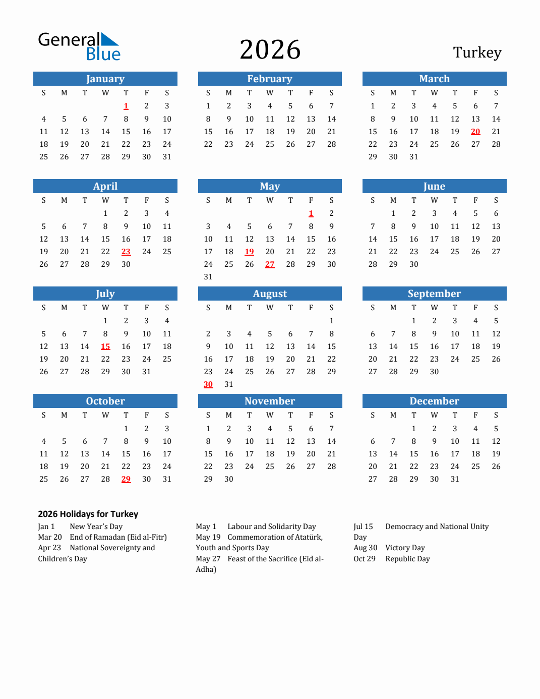2026 Turkey Calendar with Holidays (Monday Start)