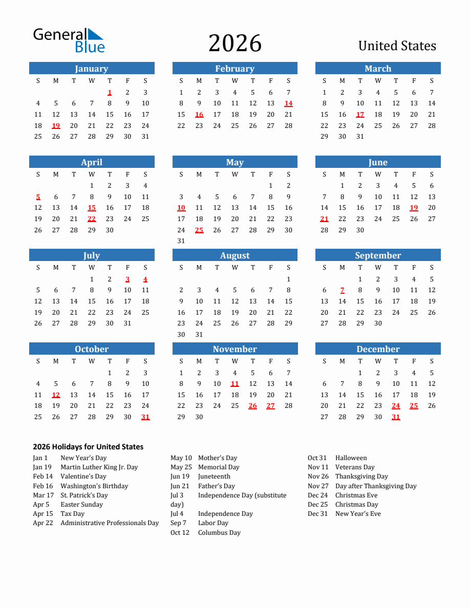 United States 2026 Calendar with Holidays