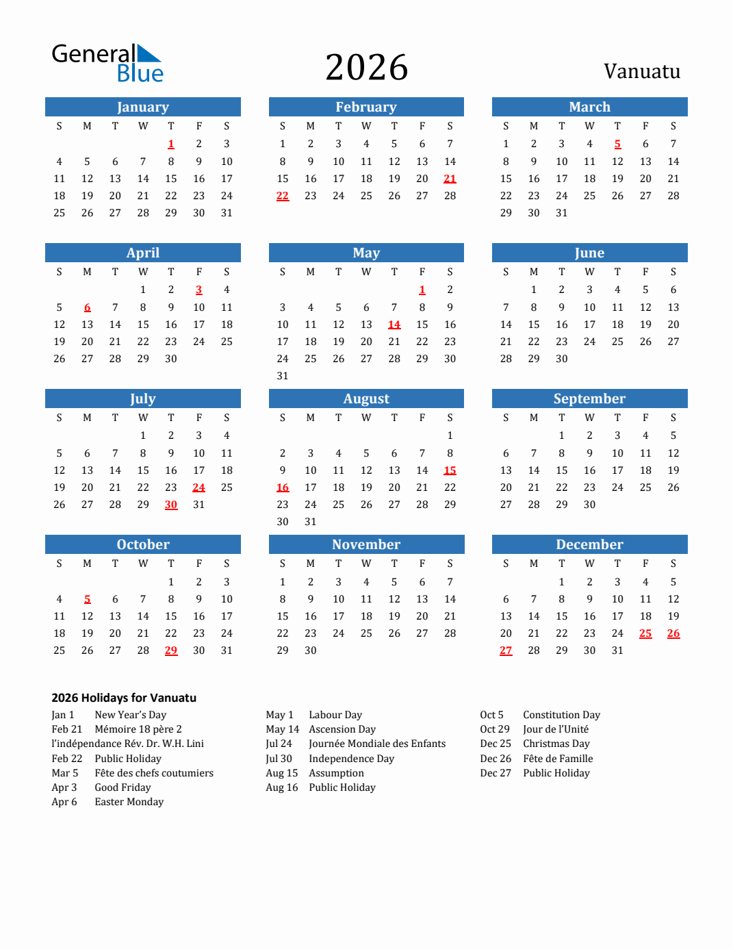 2026 Vanuatu Calendar with Holidays