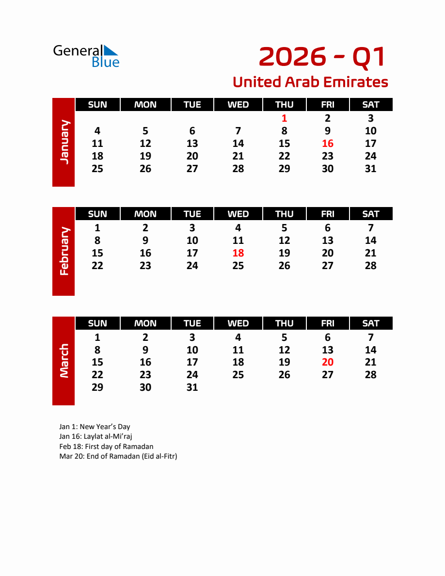Q1 2026 Calendar with Holidays for United Arab Emirates