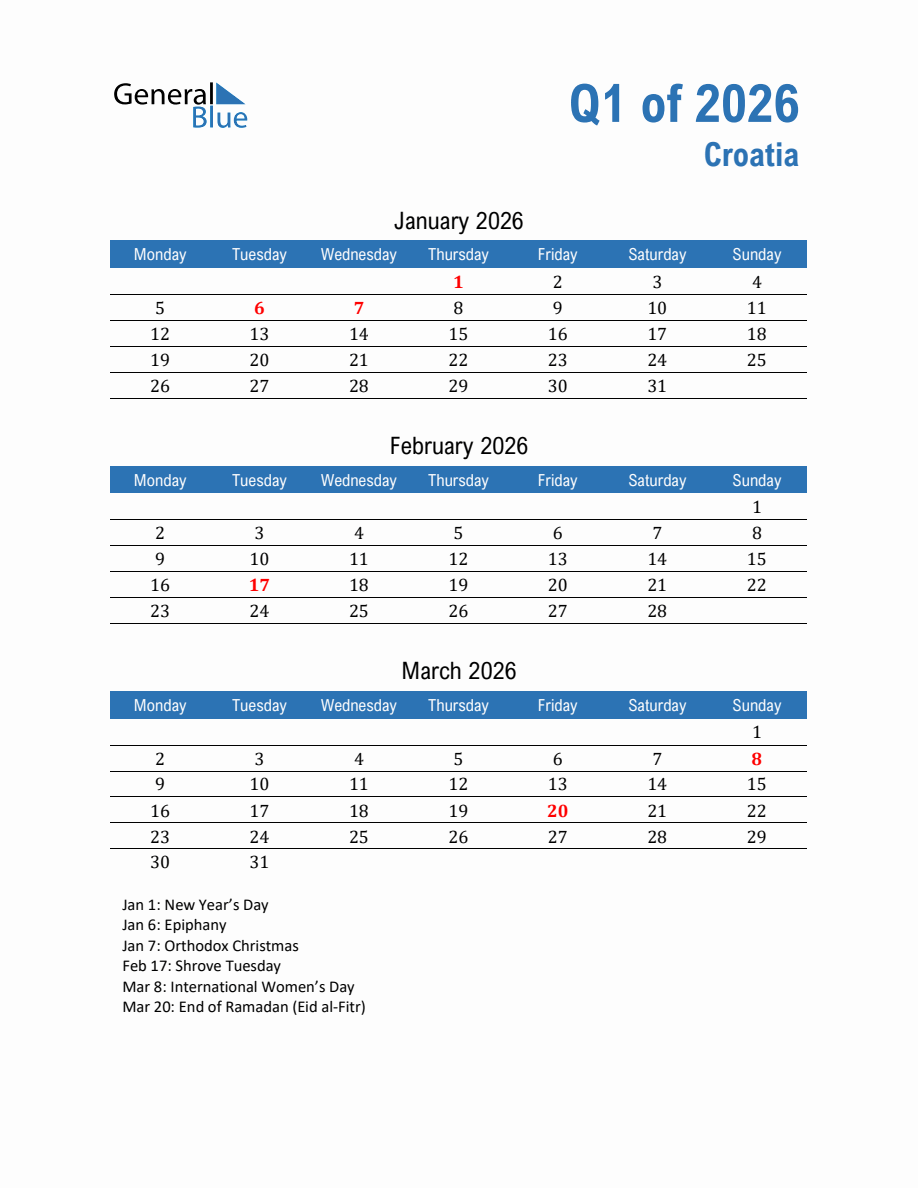 Croatia 2026 Quarterly Calendar with Monday Start