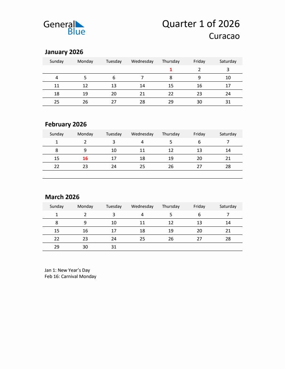 2026 Three-Month Calendar for Curacao