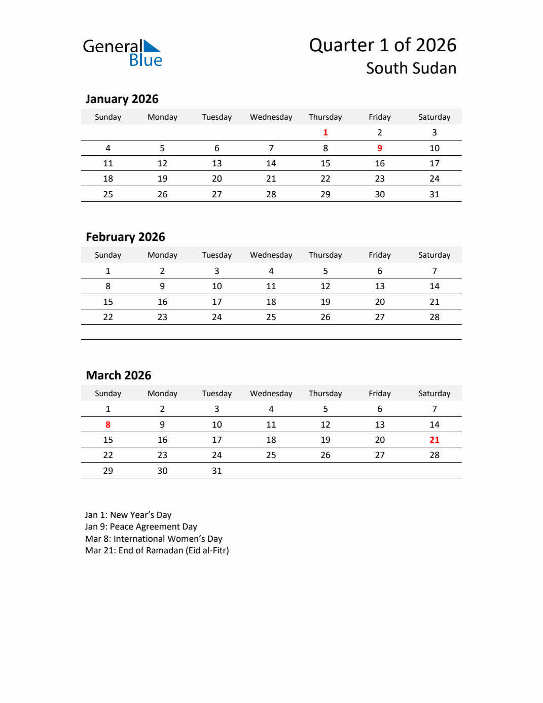 Q1 2026 Quarterly Calendar with South Sudan Holidays (PDF, Excel, Word)
