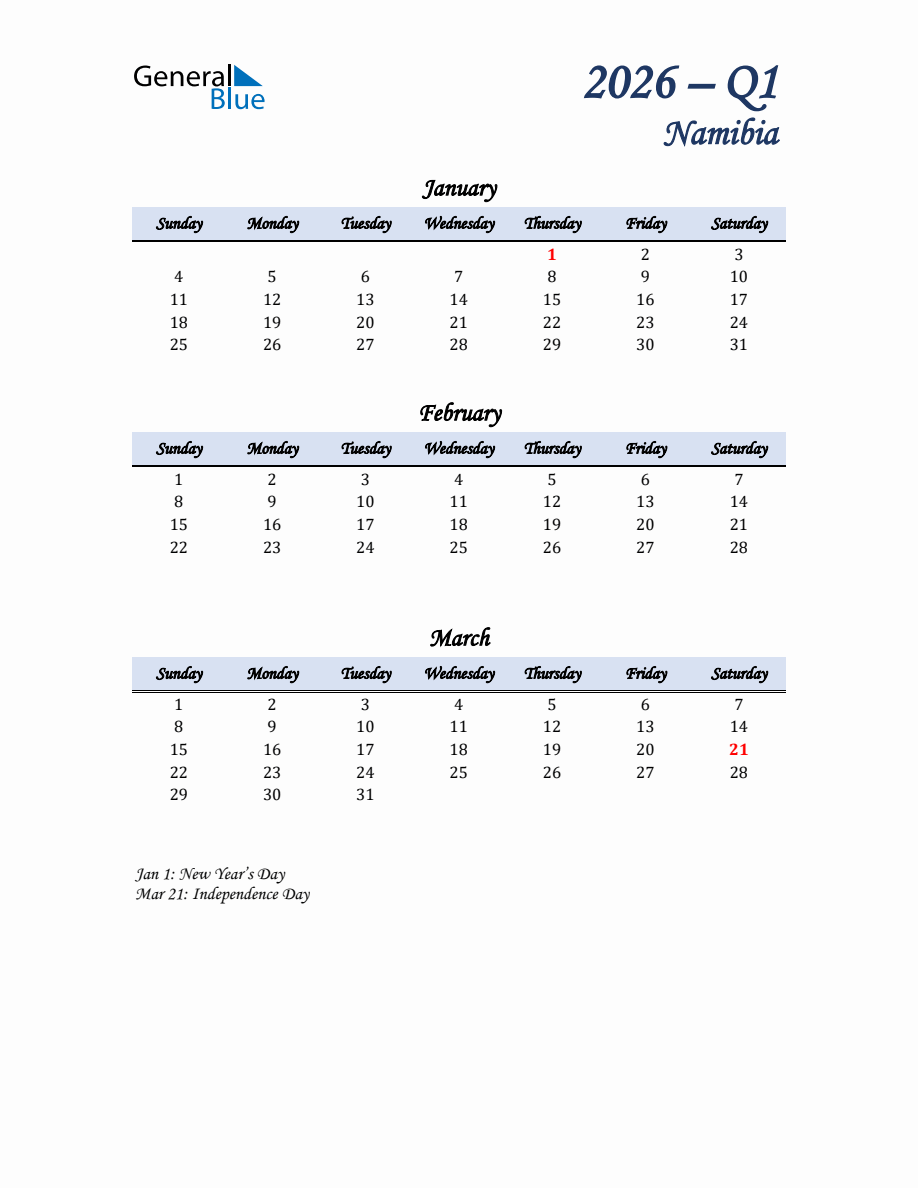 January, February, and March 2026 Calendar for Namibia