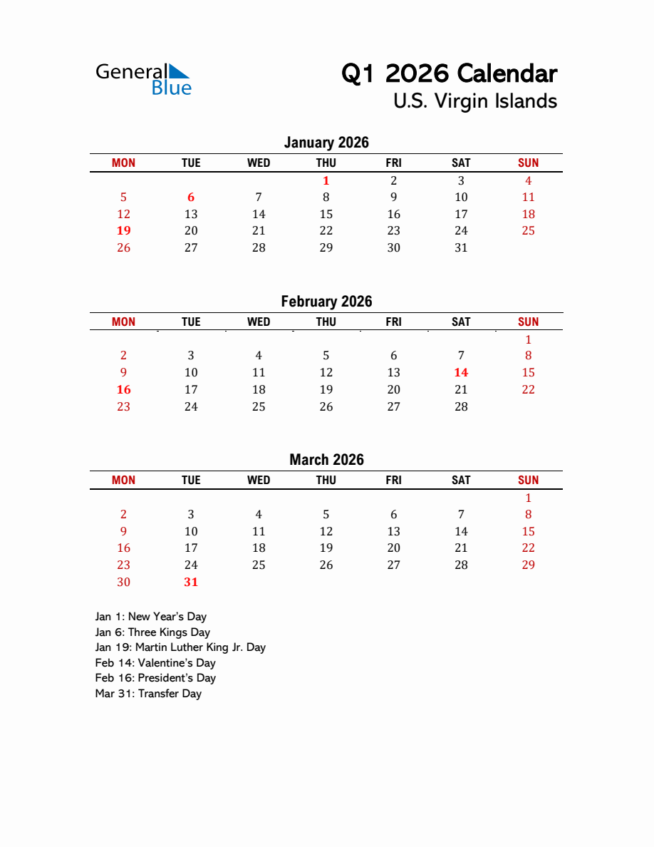 2026 Q1 Calendar with Holidays List for U.S. Virgin Islands - Monday Start