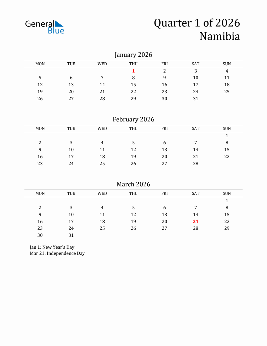 Quarter 1 2026 Namibia Calendar - Monday Start