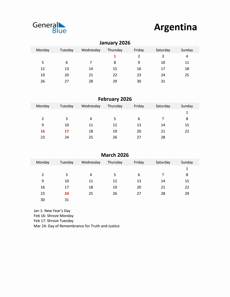 Printable Quarterly Calendar with Notes and Argentina Holidays (Q1 ...